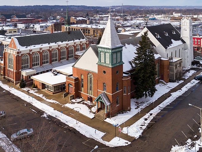 Downtown Kalamazoo: A winter wonderland where every building tells a story. Imagine sipping hot cocoa as you stroll past these charming storefronts.
