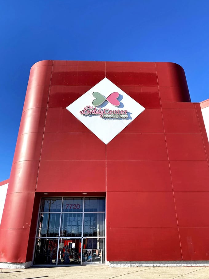 Thrift store or modern art installation? This red giant is serving looks and savings. Time to paint the town... thrifty!