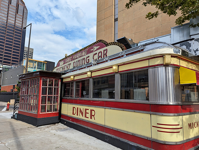 Urban oasis of comfort food! Mickey's stands proud amidst the city skyline, a beacon of hope for late-night cravings and early morning pick-me-ups.