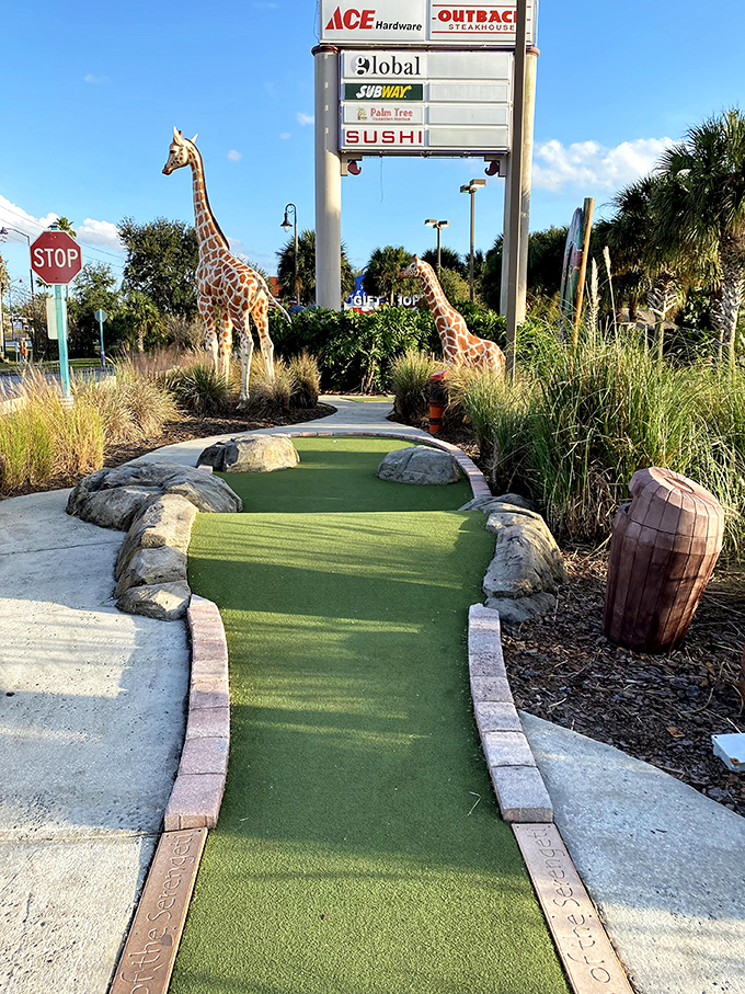 Fore! Watch out for that... giraffe? At Mighty Jungle Golf, your biggest obstacle might just be a life-sized pachyderm or a curious zebra.