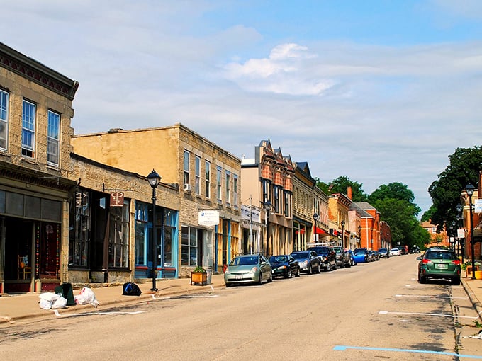 Downtown Mineral Point: Where limestone buildings whisper tales of the past. Art galleries and quaint shops make history hip again.