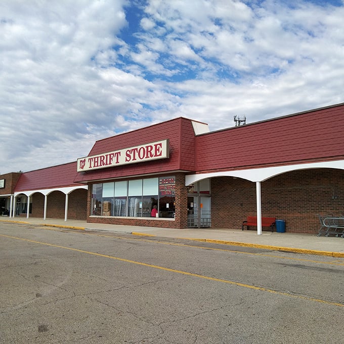 "Red roof, endless possibilities. Step into this thrifter's paradise and emerge with unexpected treasures and lighter pockets."