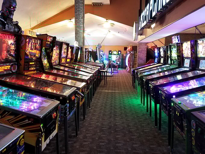 Glowing like a beacon in the night, Pinball Pete's facade hints at the electrifying world of gaming nostalgia that lies within.