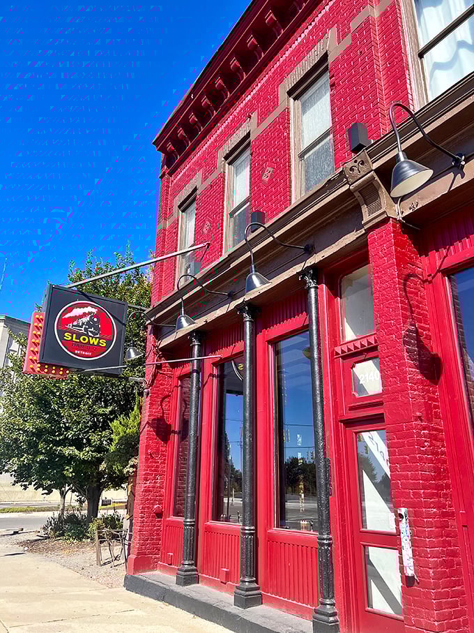 Red brick, blue skies, and smoky aromas. Slows Bar BQ is painting Detroit delicious, one rack of ribs at a time.