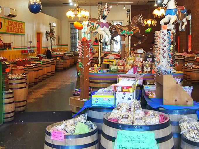 Barrels of joy await inside. This candy shop looks like it time-traveled from the Gold Rush era, bringing all the sweet treasures with it.