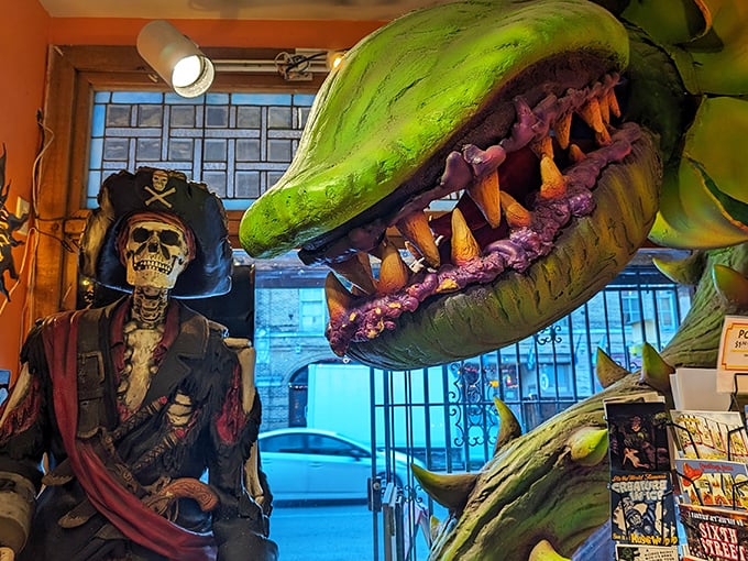 Ahoy, matey! This skeletal pirate and carnivorous plant duo look ready to star in the weirdest buddy comedy ever.