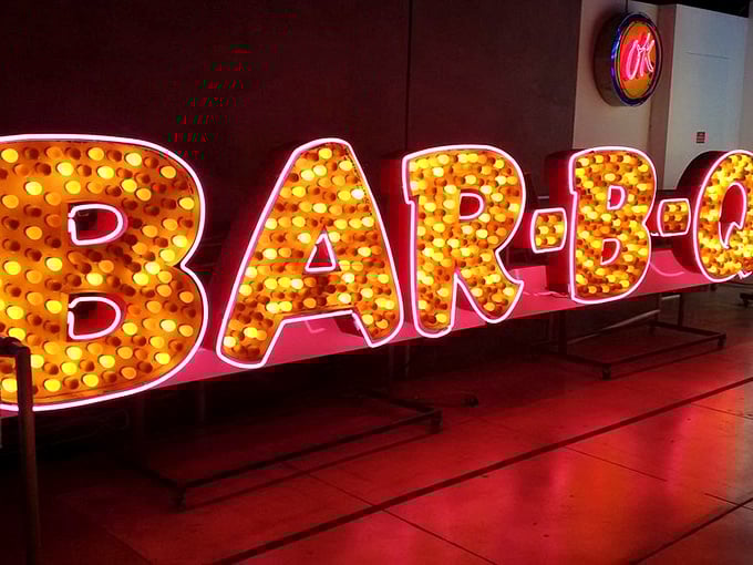 Hungry for nostalgia? This BAR-B-Q sign is so bright, you can almost smell the smoky goodness wafting through time.
