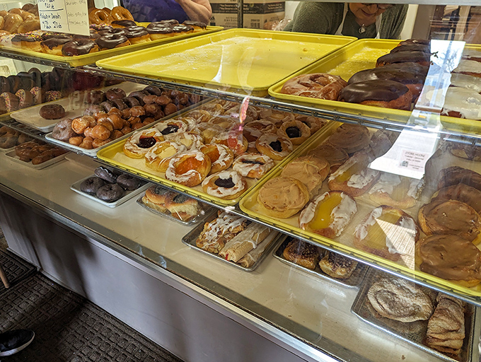 Donut nirvana awaits! Each tray is a canvas of culinary artistry, tempting even the strongest-willed dieters to indulge.