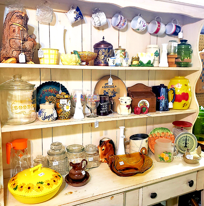 Grandma's kitchen meets Mad Men chic. These shelves are a nostalgic feast for the eyes and a playground for the imagination.