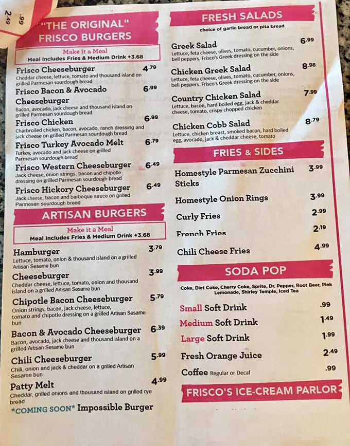 Decisions, decisions! Frisco's menu is a greatest hits album of American classics. Warning: May induce spontaneous sock-hopping and jukebox serenades.
