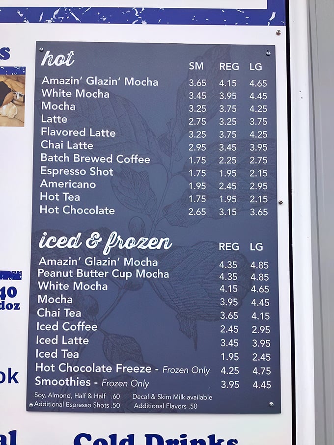 A menu that reads like poetry for the sweet-toothed. From classic glazed to exotic mochas, it's a choose-your-own-adventure in liquid happiness.