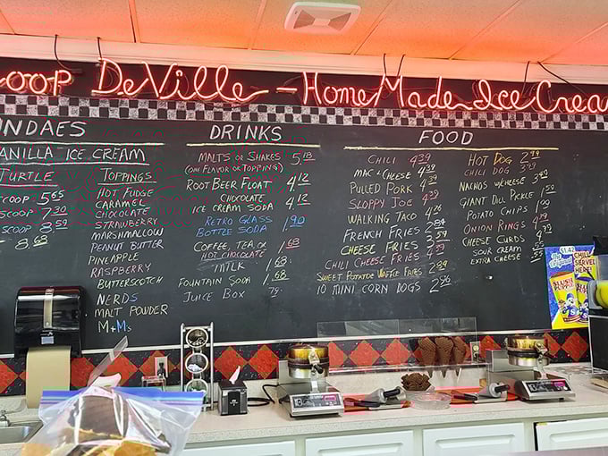Decisions, decisions! This chalkboard menu is a work of art that'll have you debating between a root beer float and a banana split.