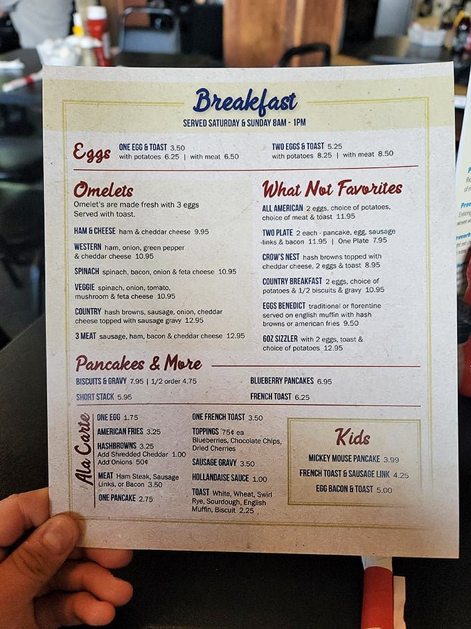 Breakfast bliss awaits! This menu reads like a love letter to morning indulgence. Crow's Nest or Mickey Mouse Pancake? Decisions, decisions...