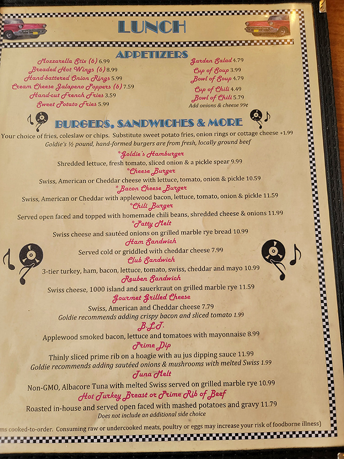 Decisions, decisions! Goldie's menu is a treasure map of comfort food classics. Better bring your appetite &ndash; and maybe your reading glasses!