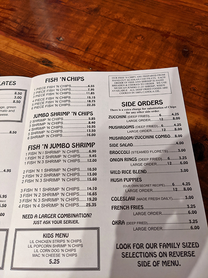 Decisions, decisions! This menu is a seafood lover's dream, offering everything from classic fish 'n chips to secret recipe hush puppies.