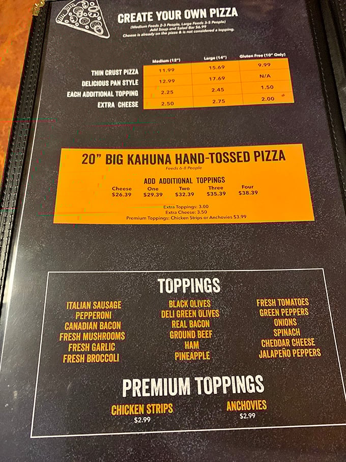 This menu is like a treasure map, guiding you to the holy grail of customized pizza perfection.