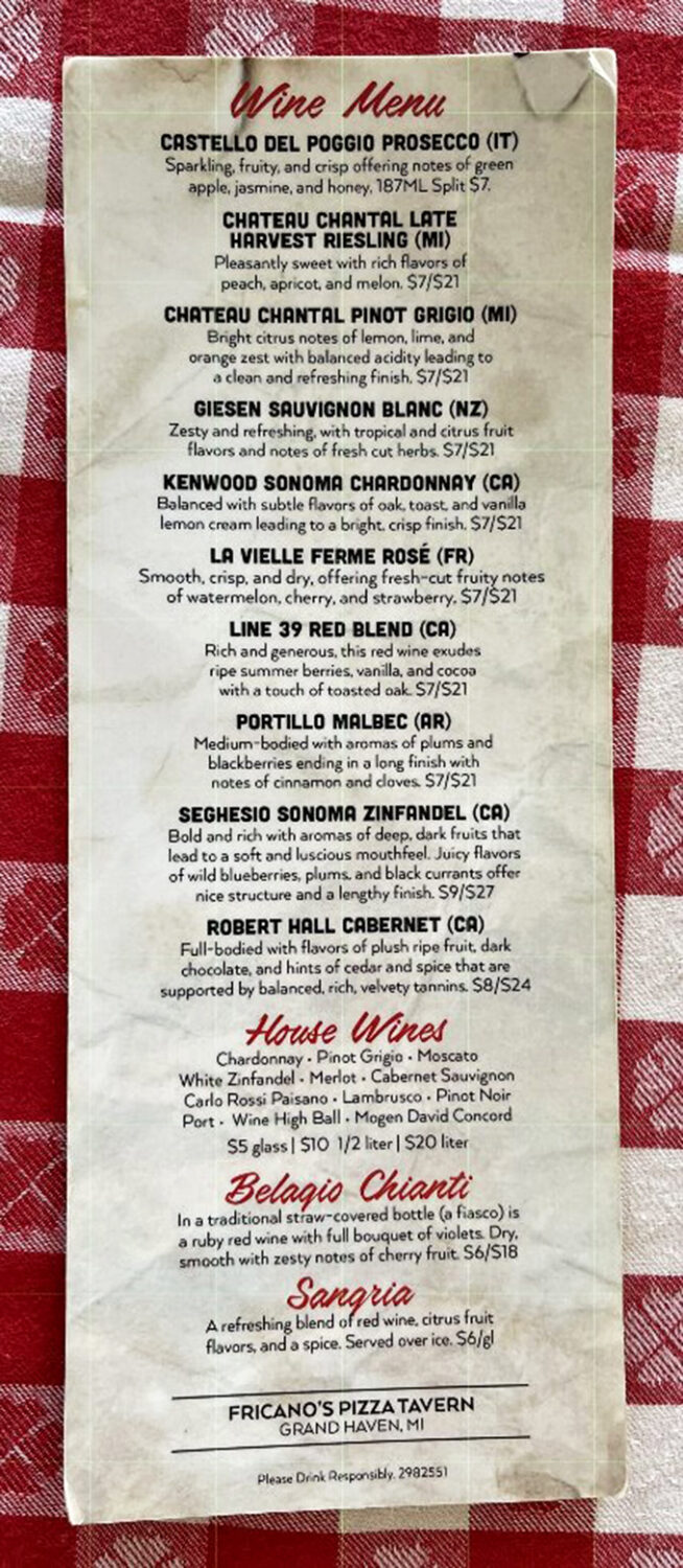 Wine and dine like it's 1959! This charming menu offers a curated selection of wines to complement your pizza adventure.