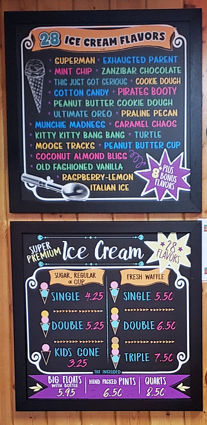 Ice cream flavors that'll make you giggle! From "Exhausted Parent" to "Kitty Kitty Bang Bang," choosing just one is a delicious dilemma.