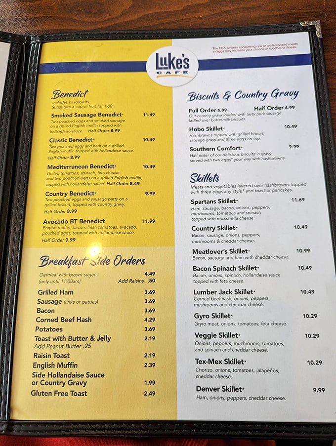 Behold, the sacred text of breakfast! Luke's menu is a choose-your-own-adventure book where every ending is delicious. Decision paralysis has never been so tasty.