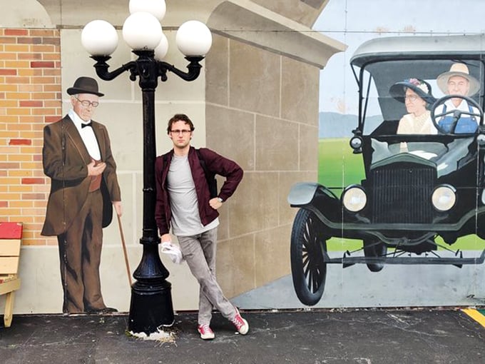 Time-travel made easy! This mural transports you from dapper gentlemen to vintage cars faster than you can say "Great Scott!"