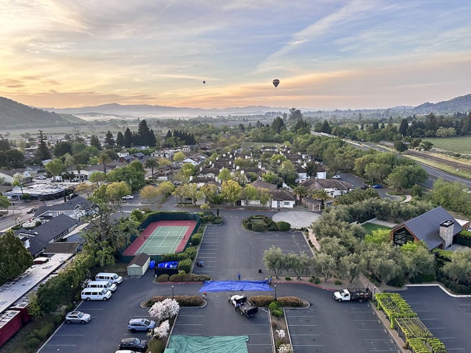 Yountville from above: part quaint village, part culinary capital, all wrapped up in a Napa Valley bow. Hot air balloons included, no extra charge!