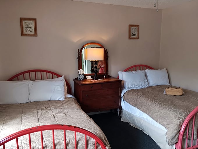 Cozy or haunted? These twin beds are giving me serious 'Parent Trap' vibes, but with a dash of 'Paranormal Activity.