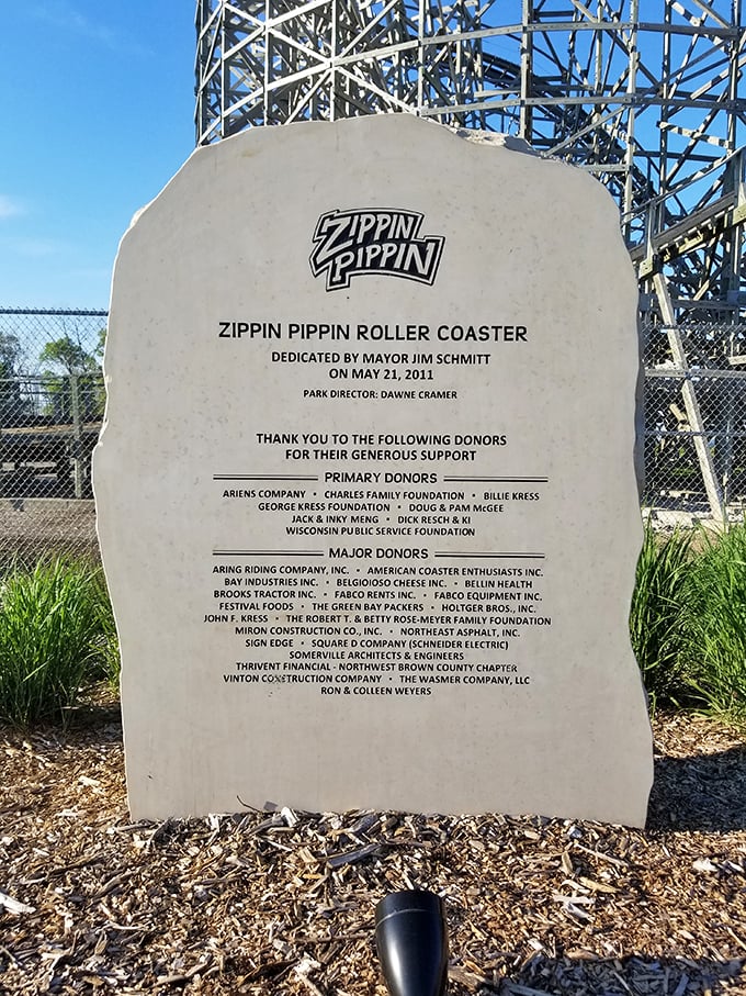 It takes a village to raise a rollercoaster. This plaque honors the community spirit that brought the Zippin Pippin to life in Green Bay.