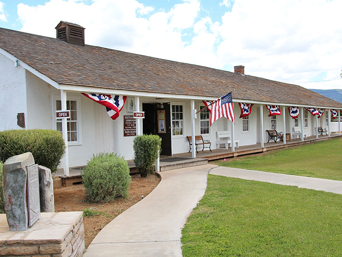 Stars, stripes, and stories! This patriotic entrance welcomes visitors like a warm handshake from the past, complete with a side of Americana.