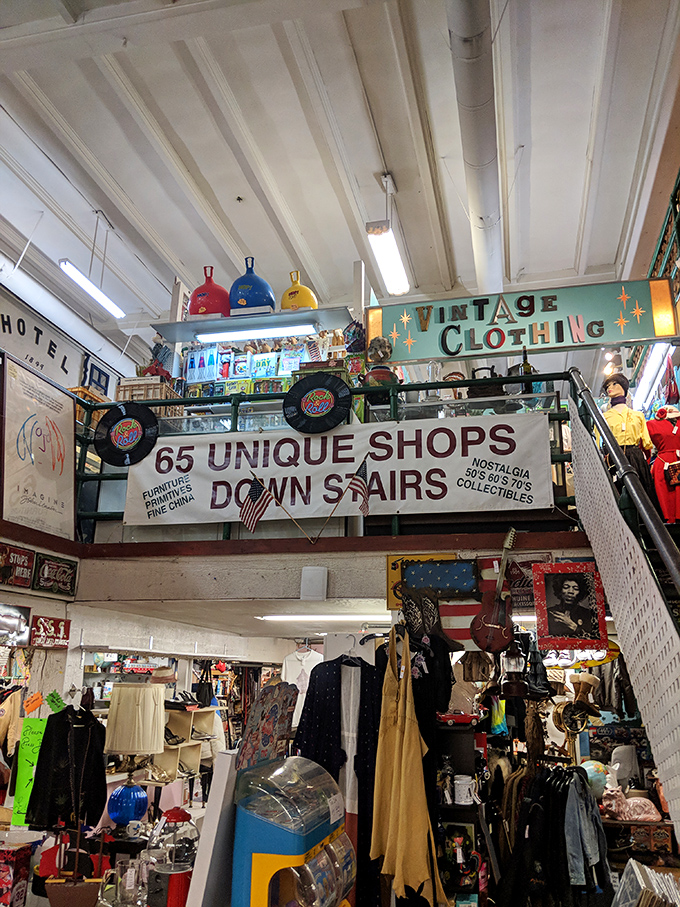 Down the rabbit hole we go! This stairway promises 65 unique shops below, each a wonderland of vintage delights and retro surprises.