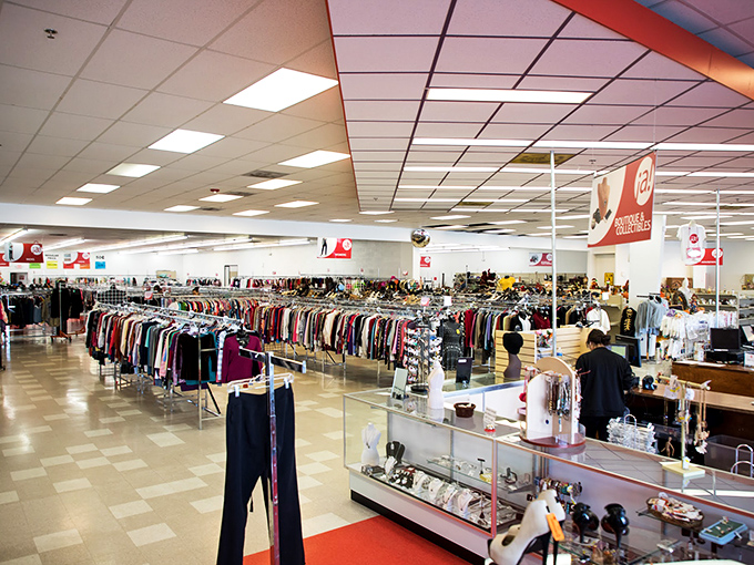 Racks on racks on racks! This clothing cornucopia could outfit an entire town for a decade-spanning costume party.
