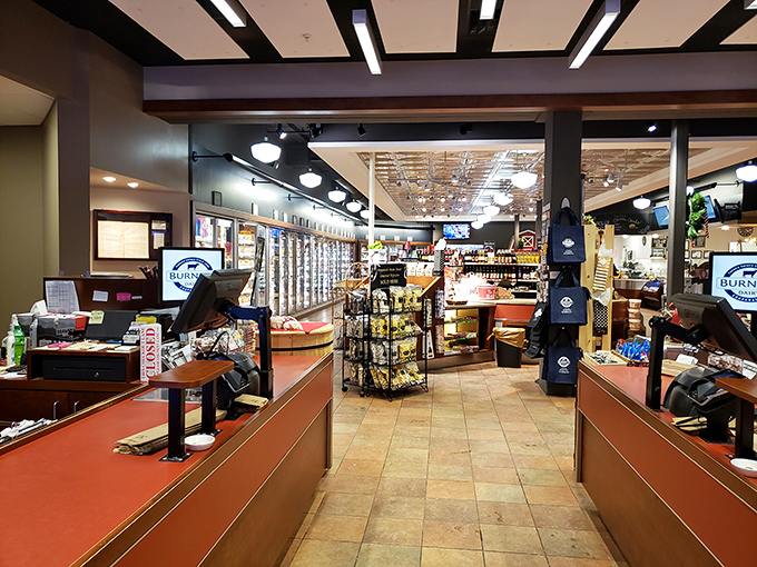 Step into a wonderland where cheese dreams come true. This interior view is like Willy Wonka's factory, but replace chocolate with cheese.