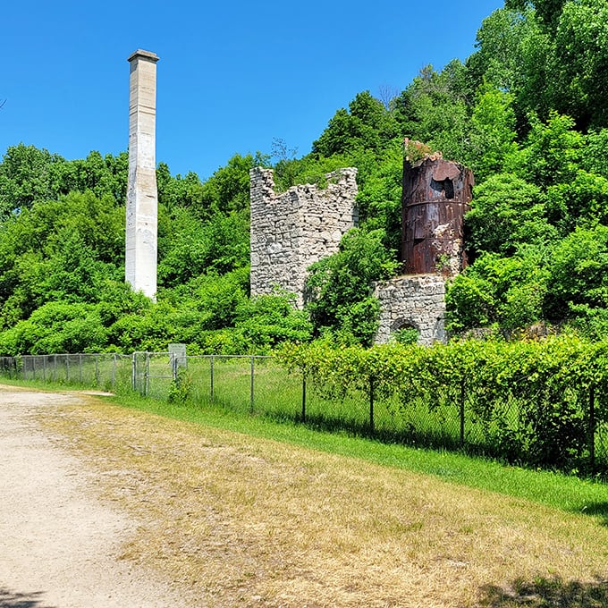 Indiana Jones, eat your heart out! These lime kiln ruins whisper tales of industry past, now reclaimed by nature's green embrace.