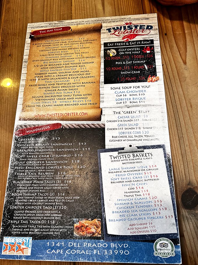 Menu, menu on the wall, who's the fairest catch of all? From "Twisted Baskets" to "The Green Stuff," this menu is a seafood lover's choose-your-own-adventure.