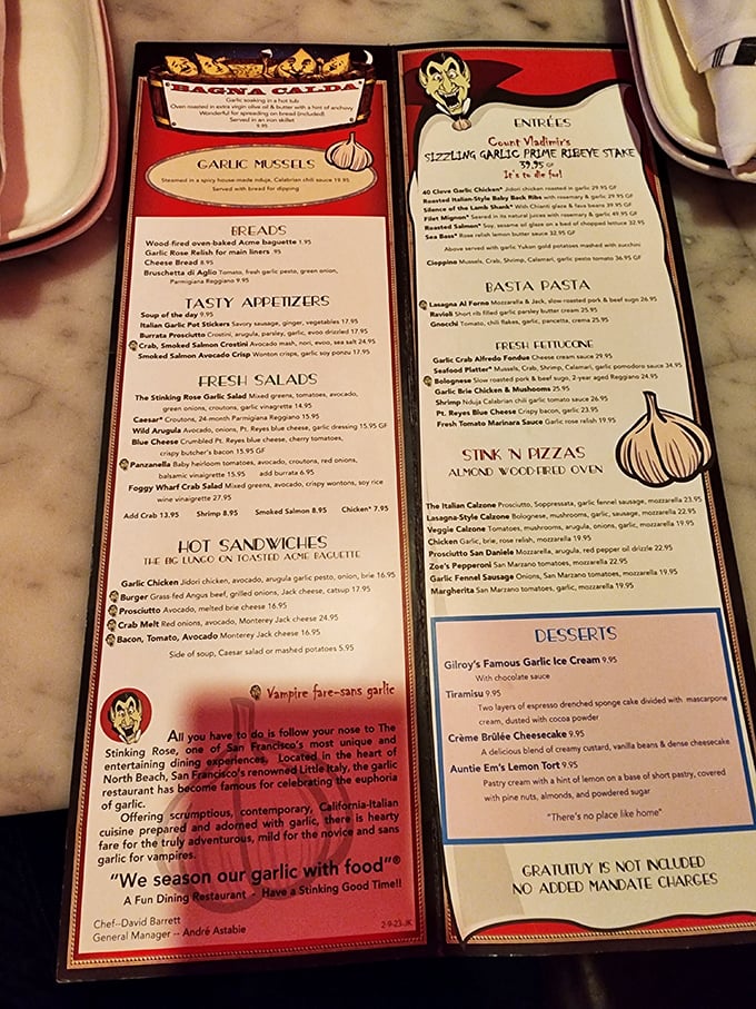 A menu that reads like a love letter to garlic! From "Vampire Slayers" to "Stink 'n' Pizzas," each dish promises a flavorful journey through the land of alliums.