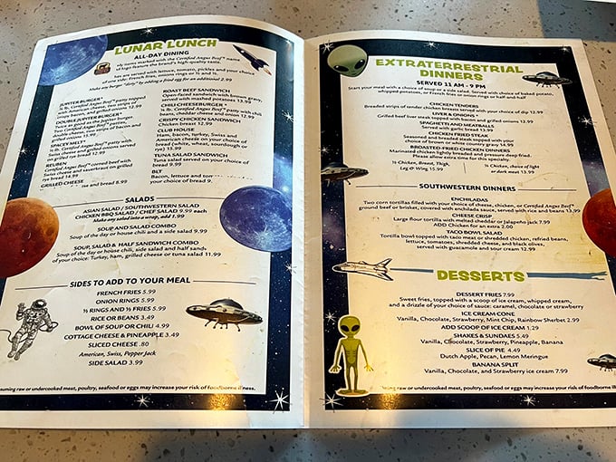 This menu is your passport to culinary space exploration. From "Lunar Lunch" to "Extraterrestrial Dinner," each page is a star chart of taste bud adventures.