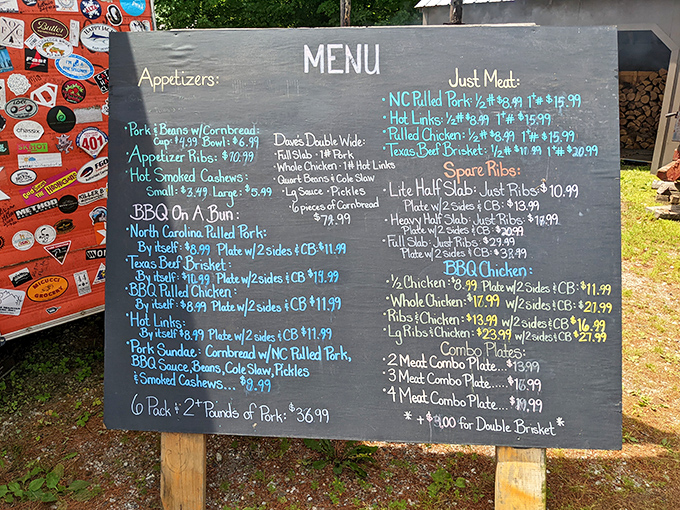 Decisions, decisions! This chalkboard menu is a roadmap to flavor town, with pit stops at Pulled Pork Avenue and Brisket Boulevard.