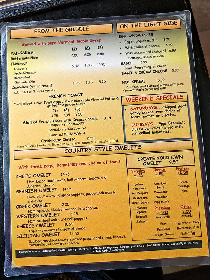Behold, the sacred text of breakfast! This menu is a roadmap to culinary bliss, with choices that'll make your taste buds do a happy dance.