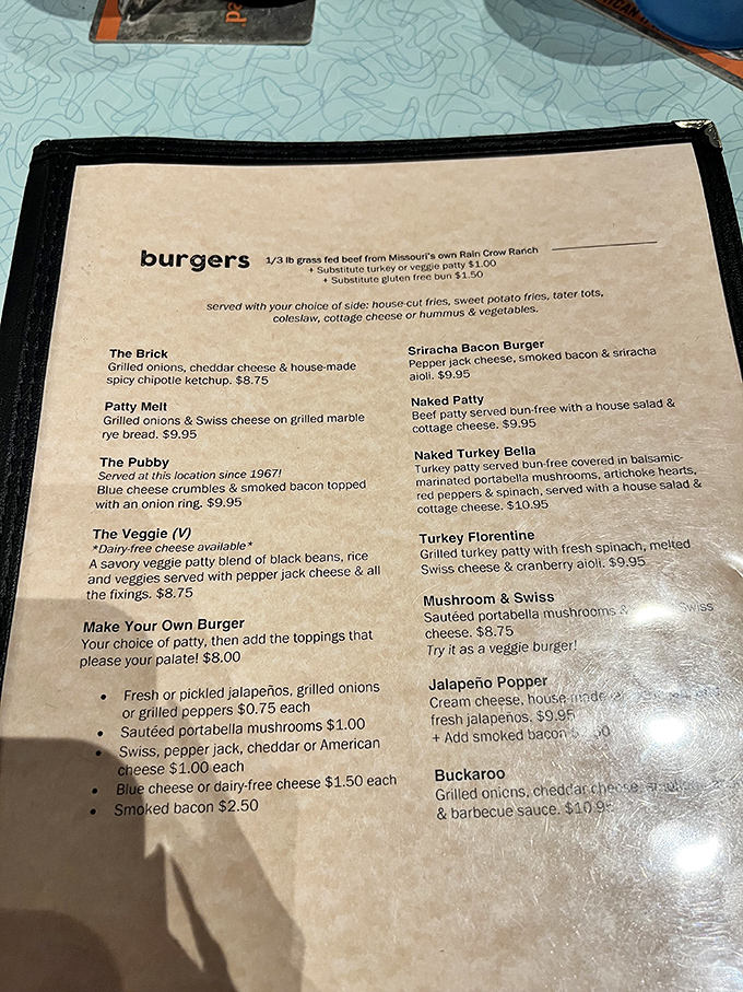 Decisions, decisions! The Brick's menu is a tantalizing roadmap to flavor town, offering everything from classic burgers to creative veggie options.
