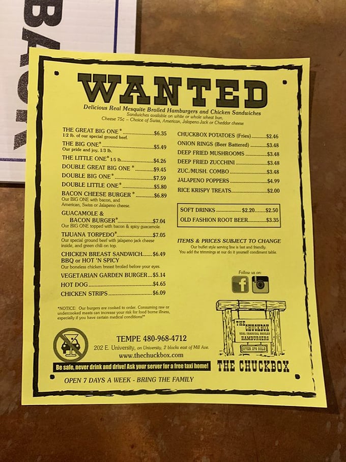 Decisions, decisions! The Chuckbox's menu is a "Wanted" poster for your taste buds, featuring burgers that could make a vegetarian reconsider.