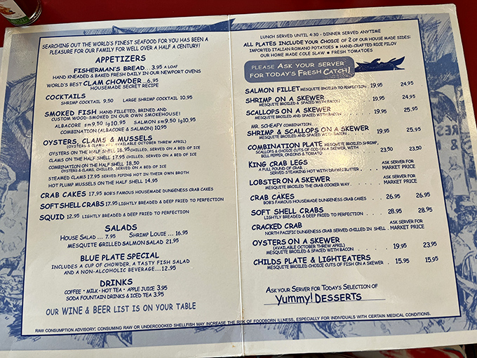 Decisions, decisions! This menu is like a greatest hits album of the sea, featuring chart-toppers from King Crab to succulent scallops.