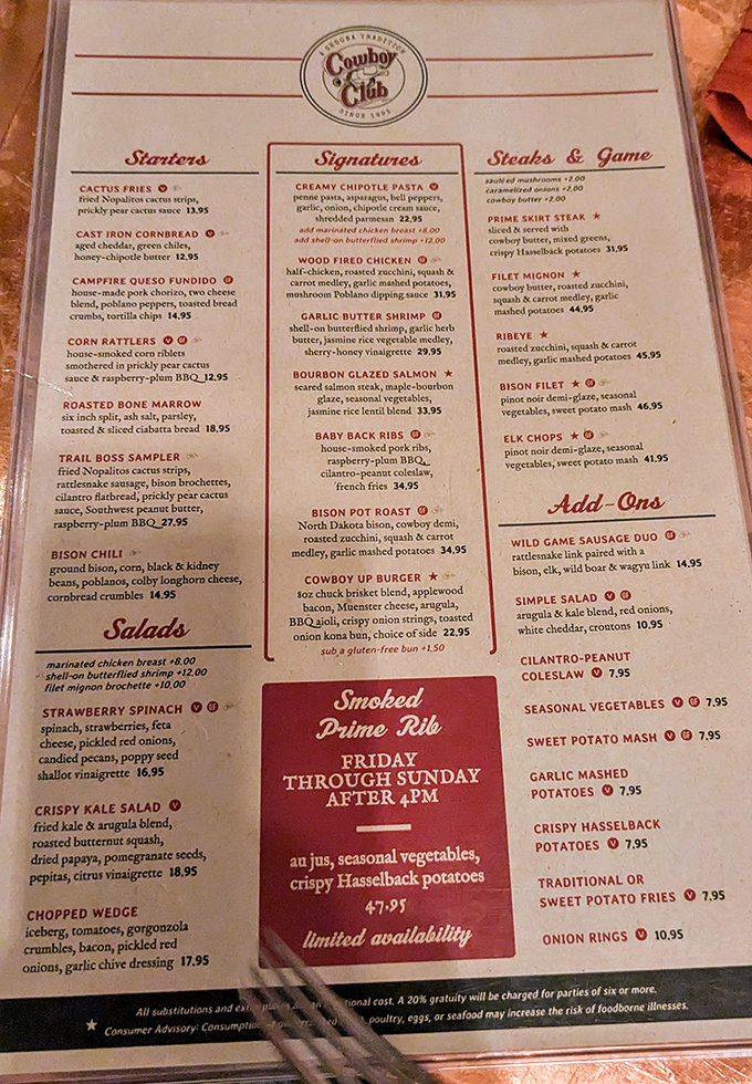 Warning: This menu may cause spontaneous yee-haws. From cactus fries to elk chops, it's a culinary roundup of the Wild West.