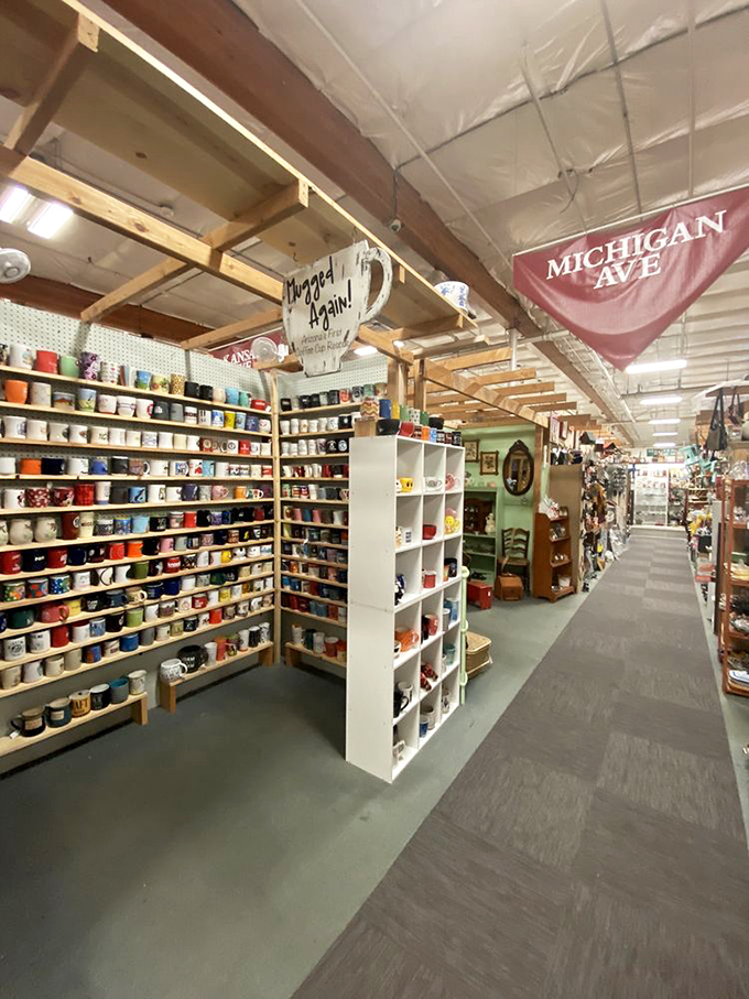 Mug shot central! This isn't your average cup collection - it's a ceramic army ready to caffeinate an entire town. Choose your weapon, coffee warriors!