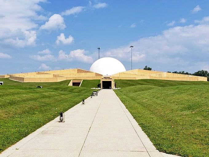 "One small step for man, one giant leap for your Instagram feed!" The museum's unique design, complete with a gleaming white dome, stands out against the blue Ohio sky like a futuristic beacon.