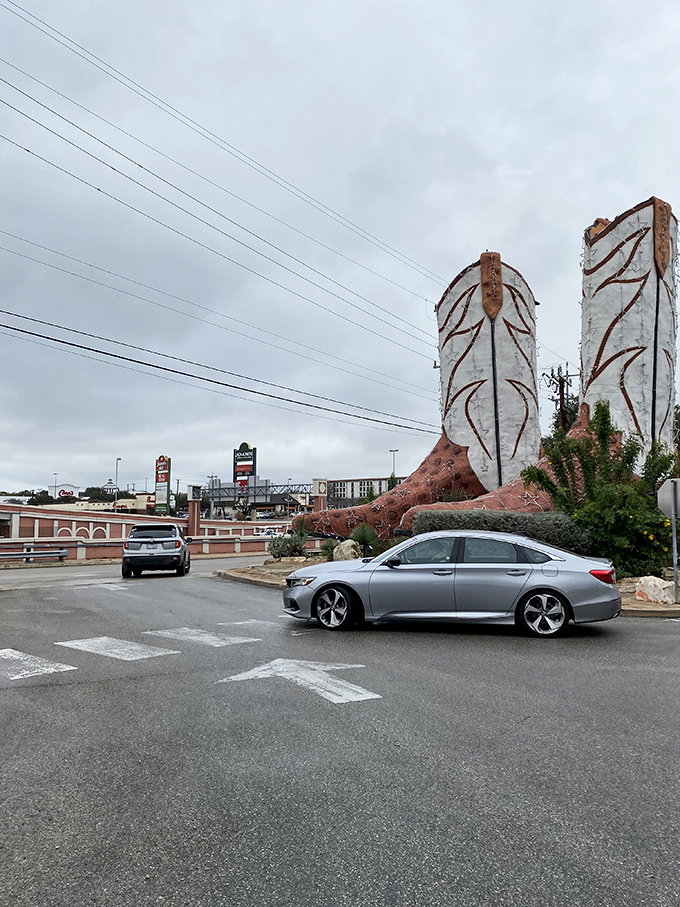 Rush hour takes on a whole new meaning when you're navigating around footwear fit for a giant. Talk about a Texas-sized traffic stopper!