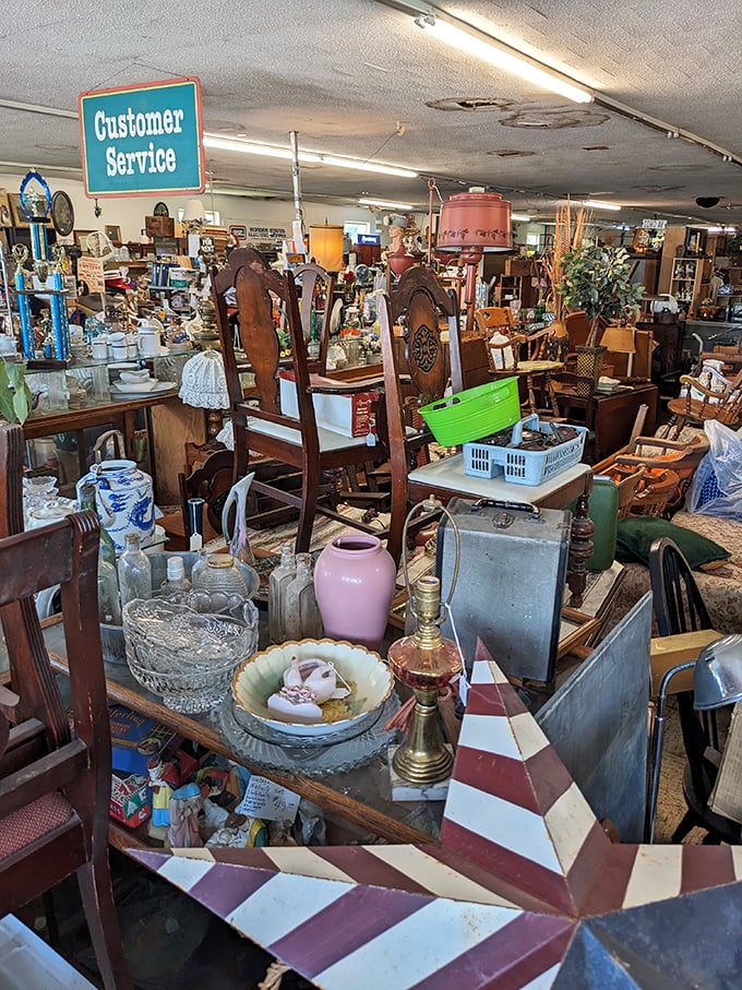 Grandma's attic meets museum exhibit in this corner. From delicate china to rustic farm tools, every piece tells a story of yesteryear.