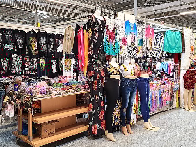 A fashion time machine! From flower power to millennium bug, this clothing rack is ready to dress you for any decade.