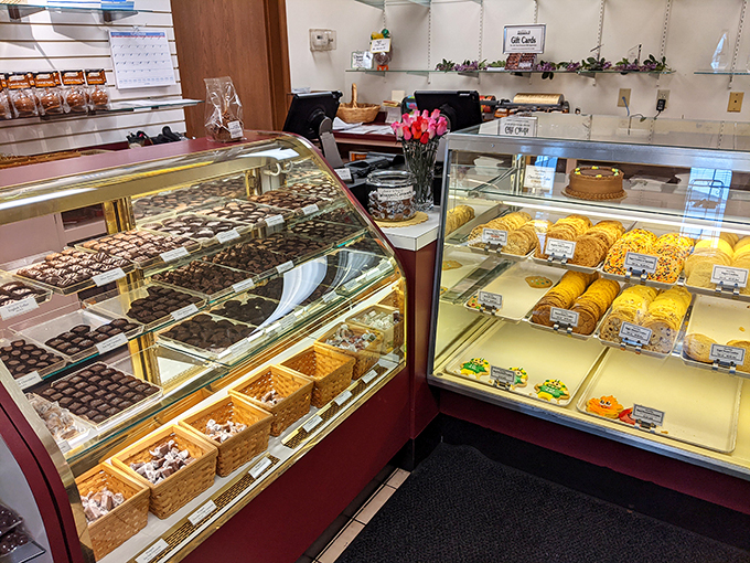 Chocolate heaven, right this way! These display cases are like edible art galleries, showcasing confections that would make Michelangelo weep with envy.