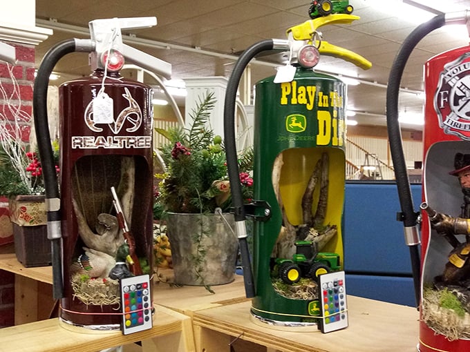 Who knew nostalgia could be so colorful? These quirky displays are like a 3D scrapbook of Americana, complete with John Deere charm.