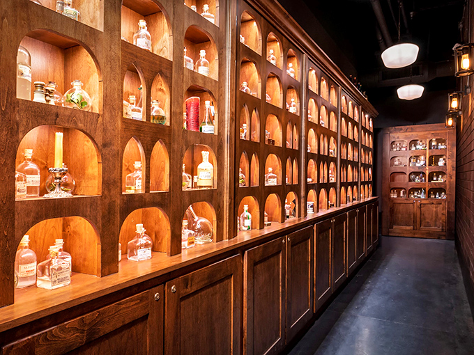 Bottles, bottles everywhere, and plenty of drops to drink! This apothecary-style display is giving me serious Harry Potter potion class vibes.