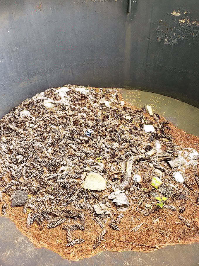 Peek inside the belly of the beast! Nature's own potpourri fills this mammoth pot when it's not bubbling with community spirit.